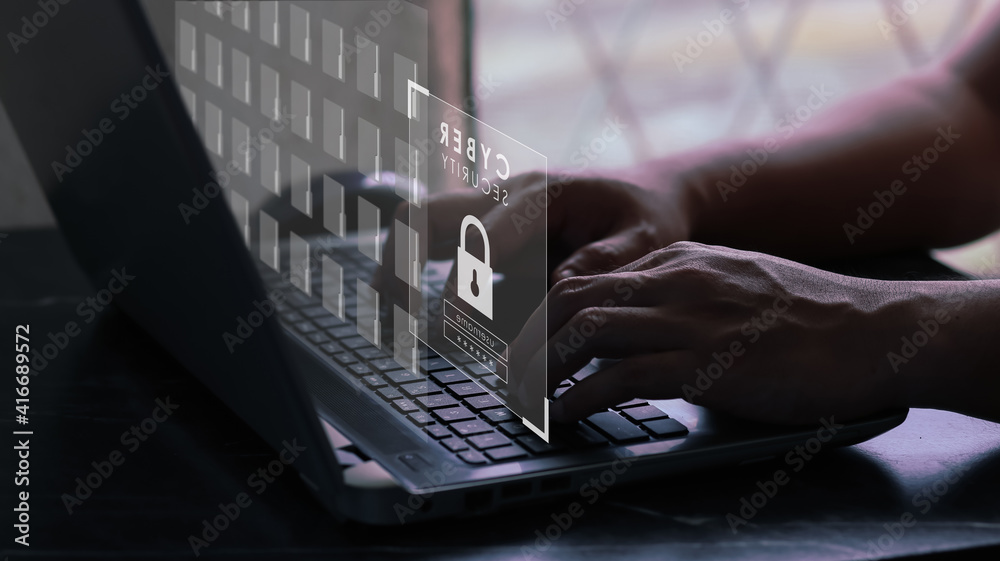 User typing login and password on virtual screen. Cyber security ...