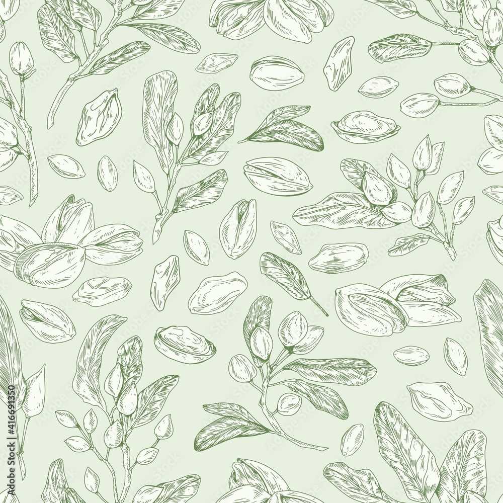 Seamless pistachio pattern with nuts, shells, branches and leaves ...