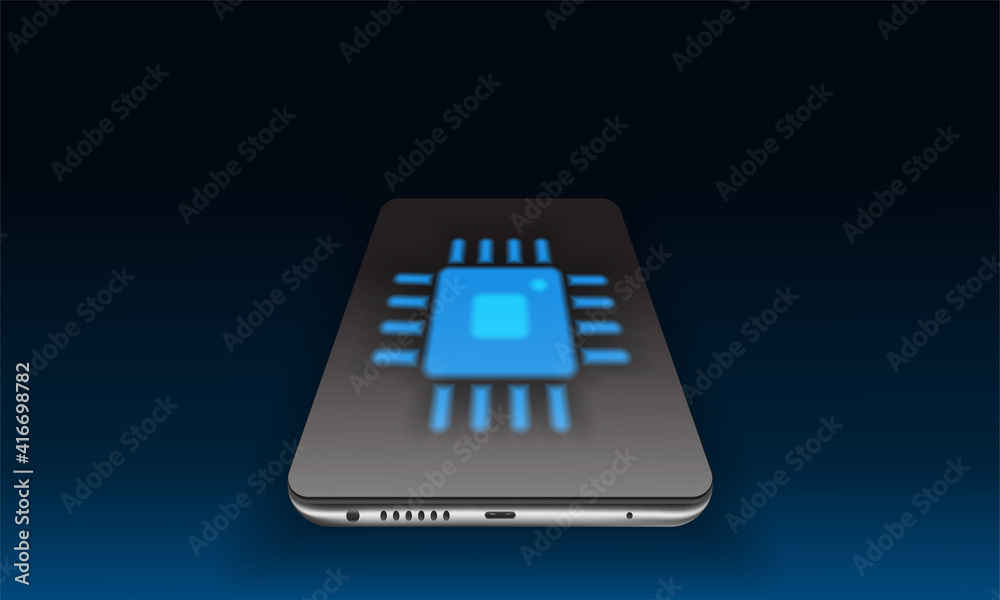Vecteur Stock Realistic mobile phone with a chip on the screen. Glowing ...