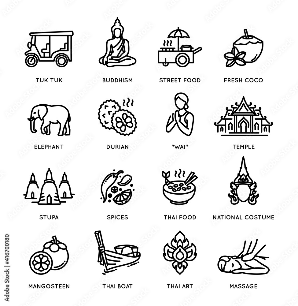 Thailand icon set - collection of vector thin line style icons, Thai ...