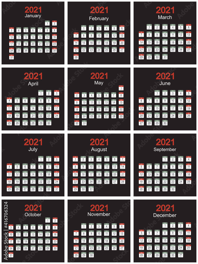 Monthly calendar template for 2021 with daily date. Week starts on ...