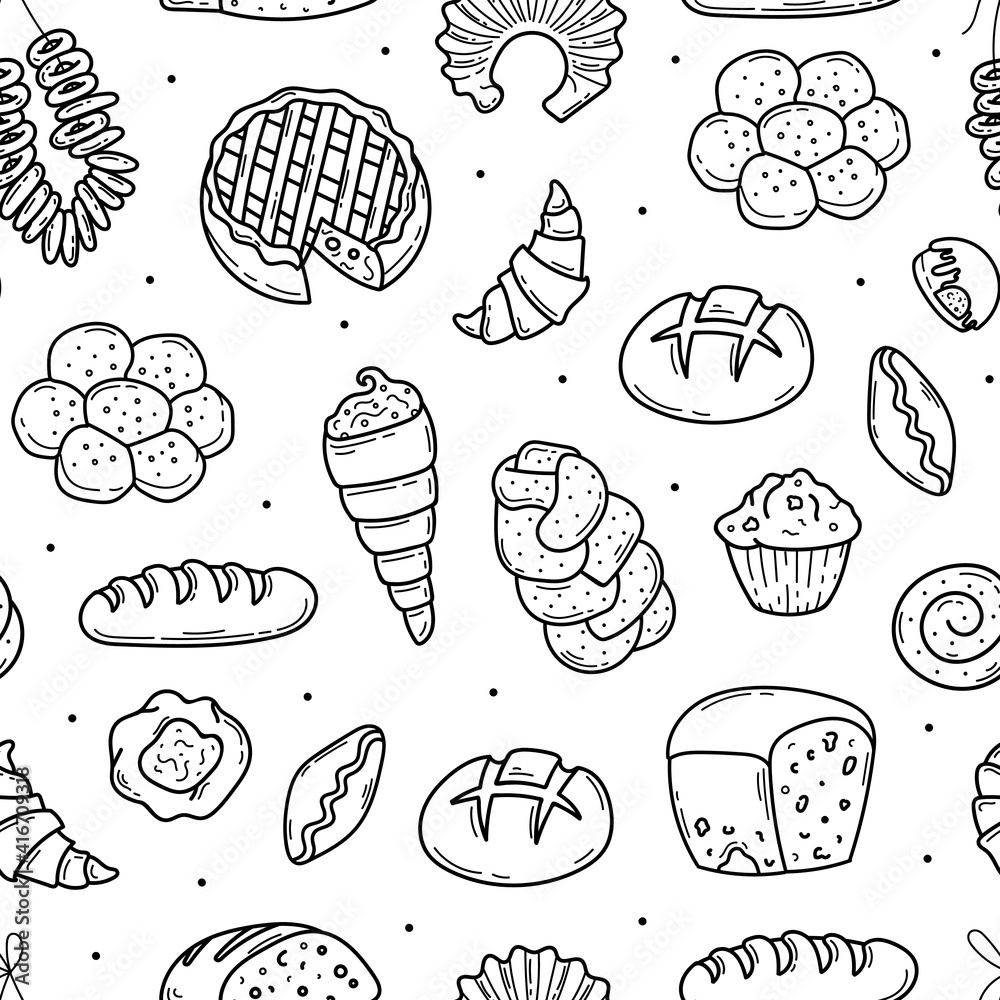 Seamless Doodle Pattern with Hand Drawn Bakery and Pastry in Sketch ...