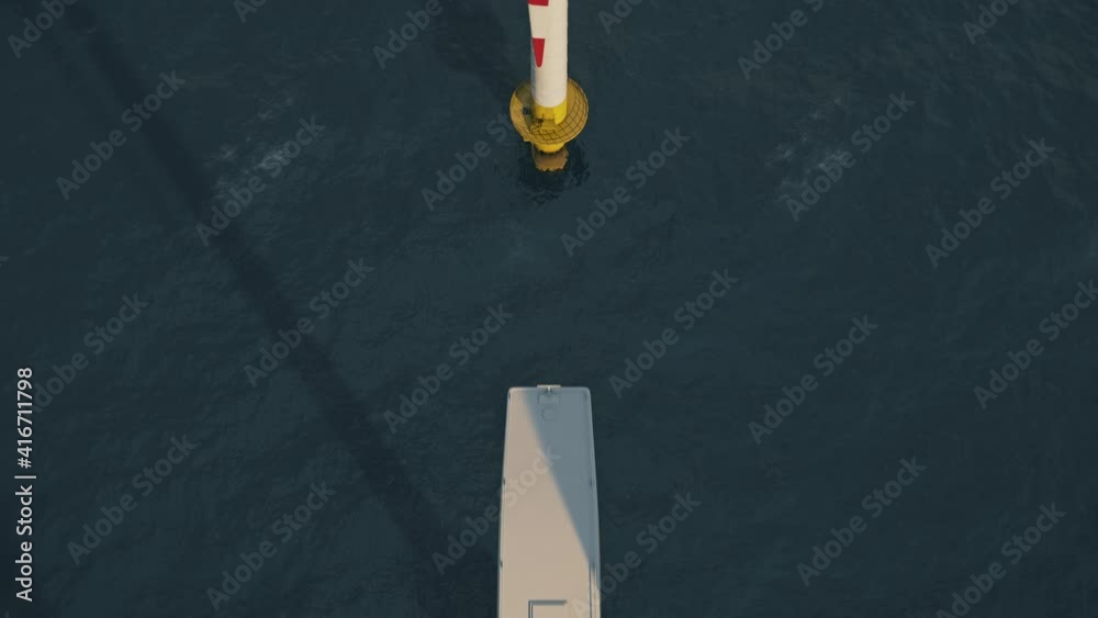 Camera moves along a row of offshore wind turbines in the sea. Seamless ...