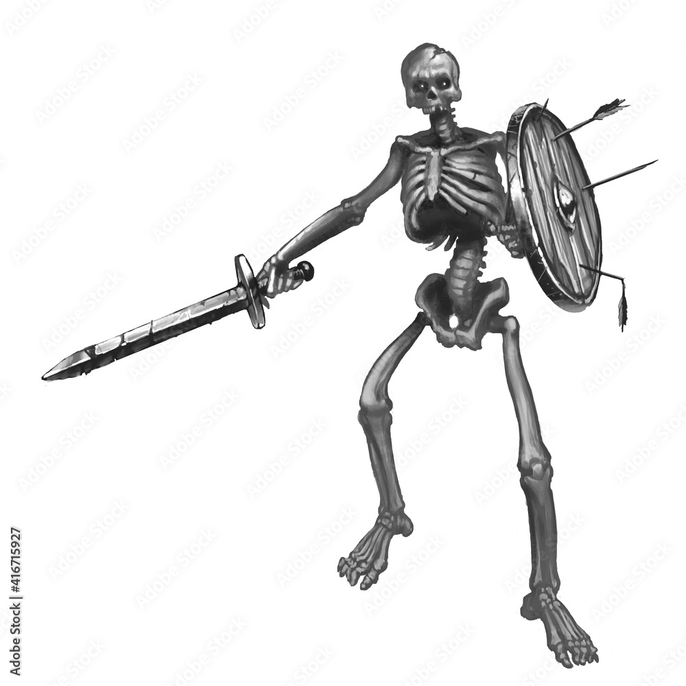 Skeleton warrior with sword and shield. Dead warrior with weapon sketch ...