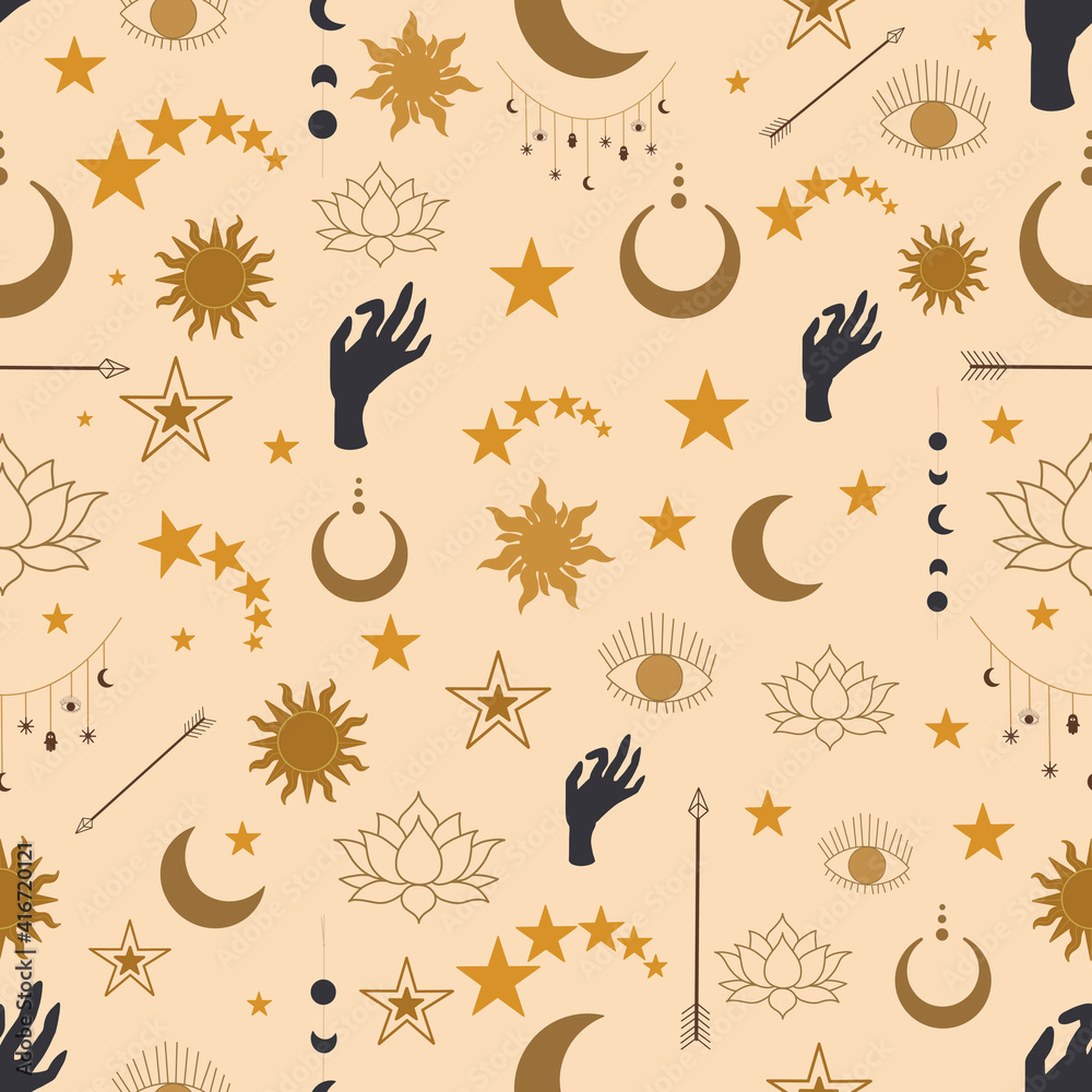 Mystical seamless pattern with sun, crescent, arrows, stars, eye, hand ...