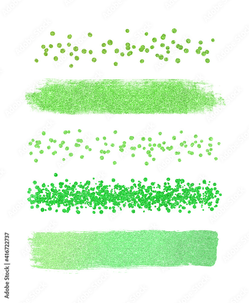 Watercolor green and glitter brush strokes isolated on white background ...
