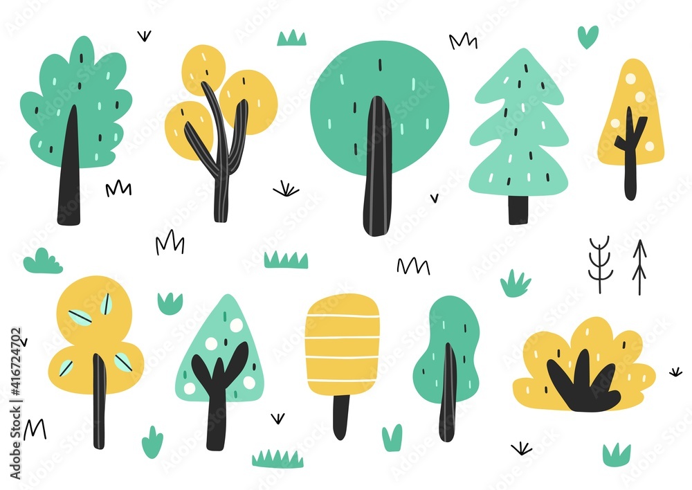 Cute trees in cartoon style collection. Forest isolated elements set ...