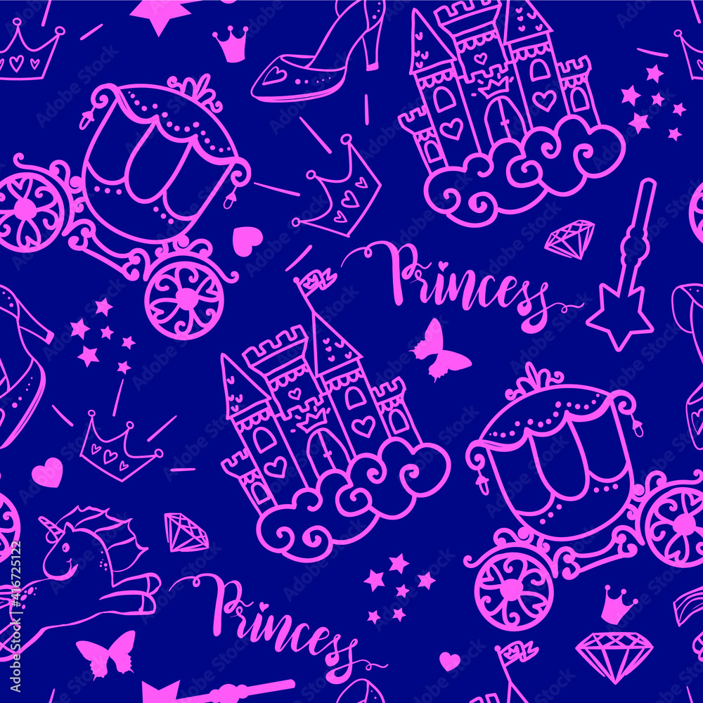 Princess Seamless Pattern for textile with castle, crown, butterfly ...