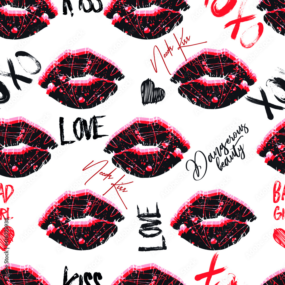 Abstract seamless fashion pattern with red lips . kiss lips and hearts ...