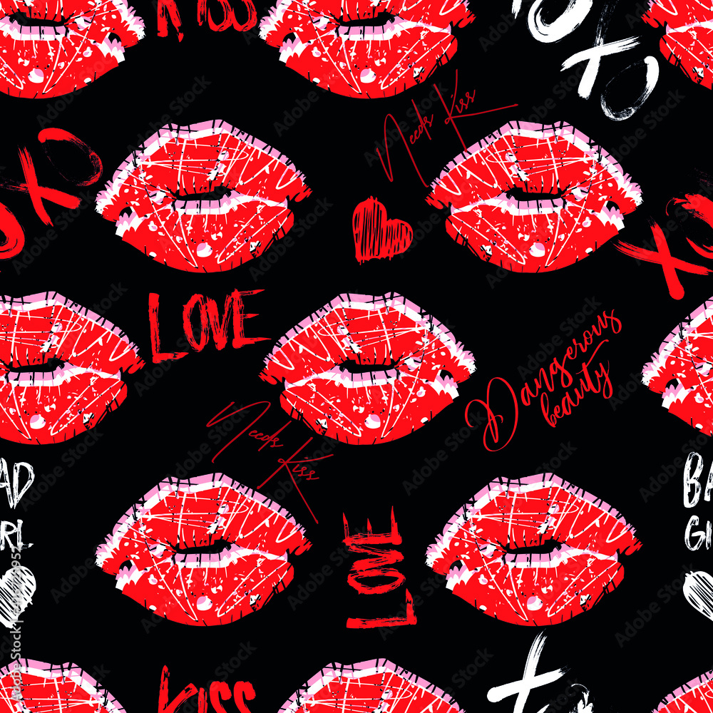 Abstract seamless fashion pattern with red lips . kiss lips and hearts ...