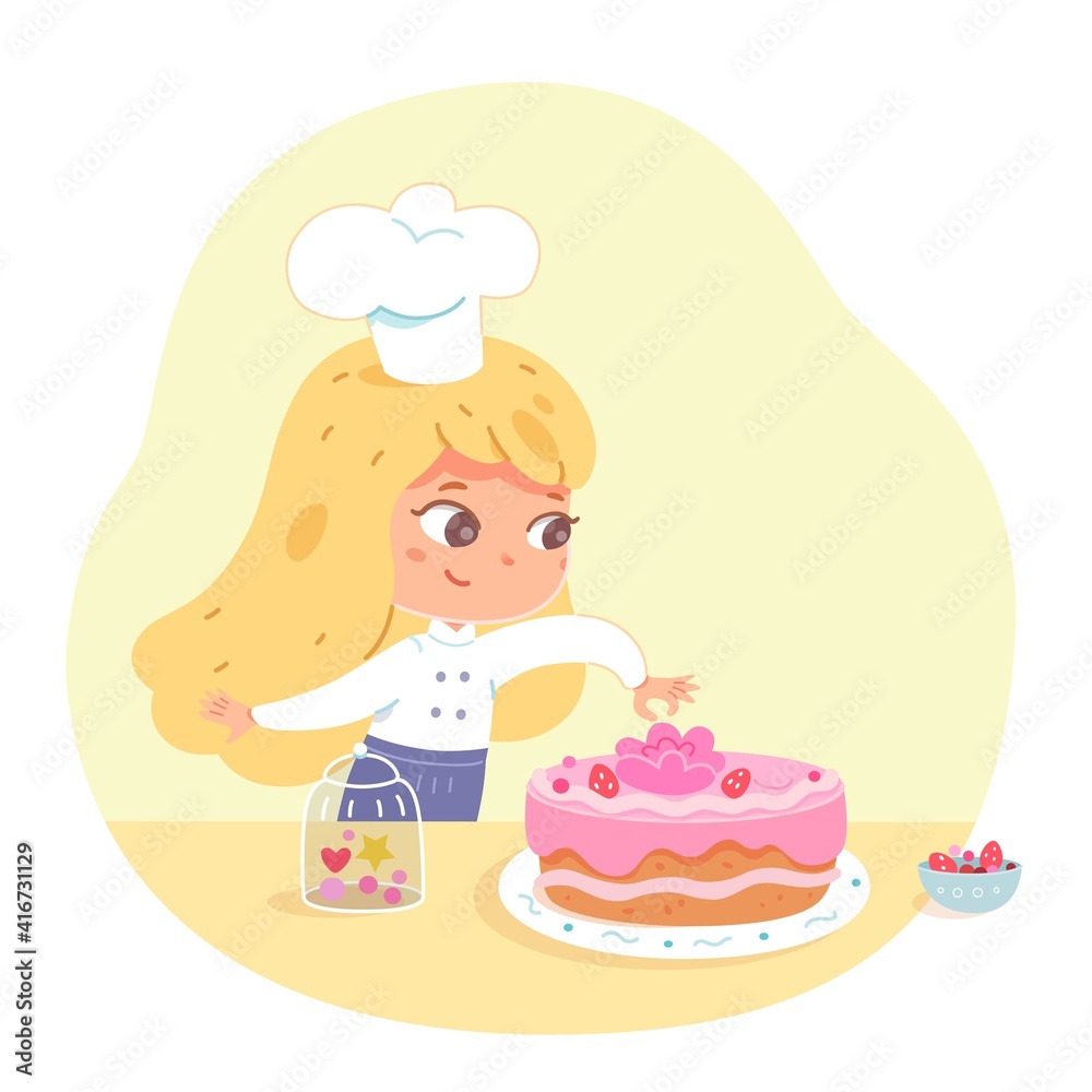Girl making cake at home. Little kid in hat and apron decorating cake ...