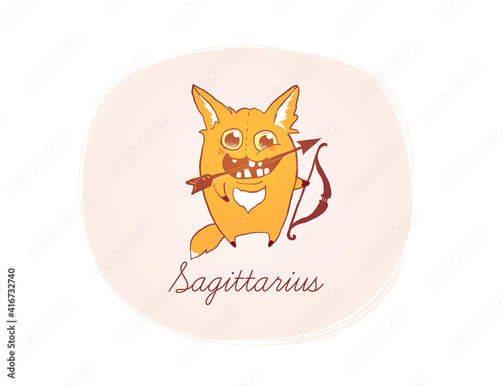 Illustration of Saggitarius as a fox with bow and arrows. Cartoon style ...