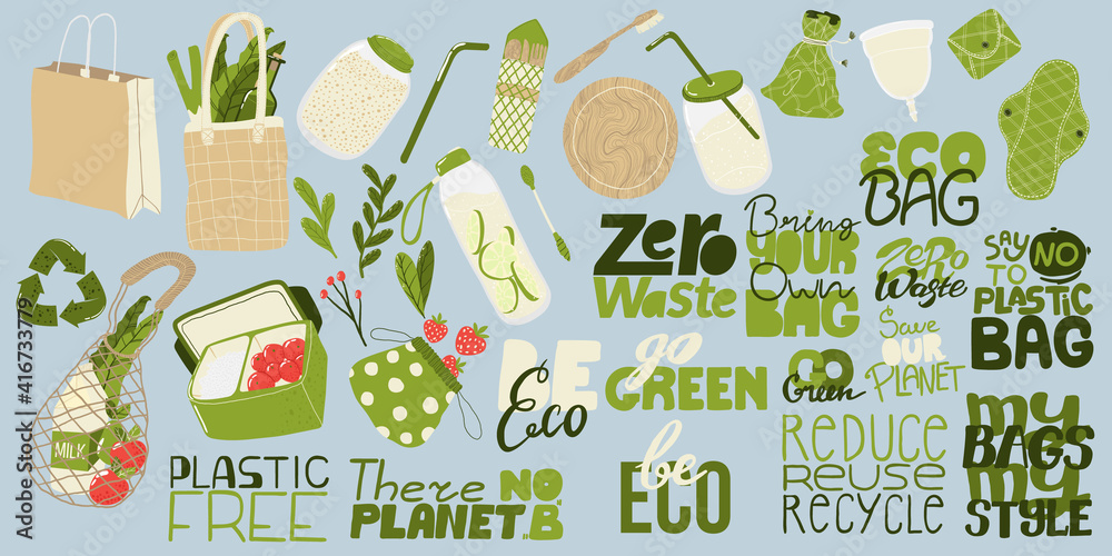Zero waste elements and slogan collection. Eco friendly stickers and ...