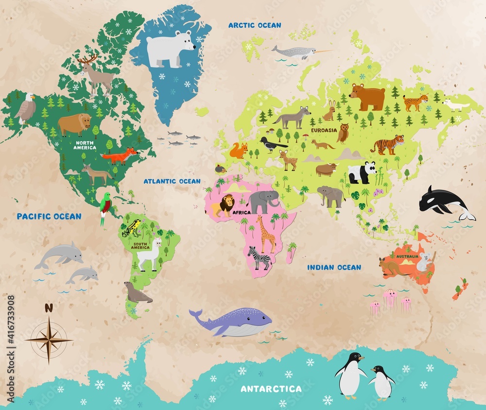 Animal map of the world for children and kids Stock Vector | Adobe Stock