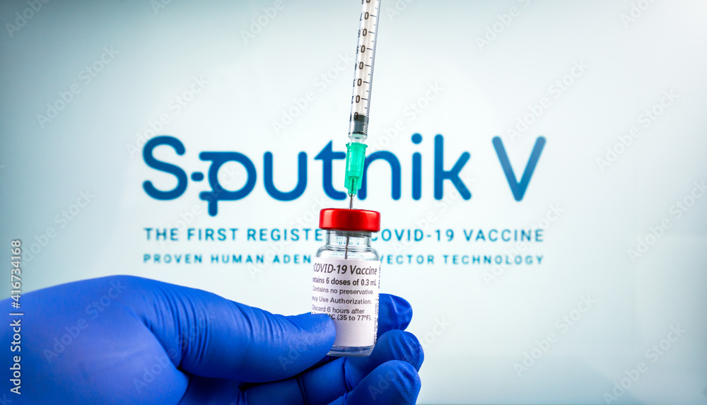 Sputnik V logo and covid-19 coronavaccine injection vial, sterile glass ...