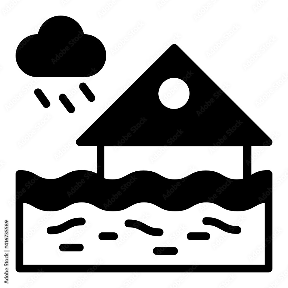 Flood with Cloud Vector Glyph Icon Design, Wet season Symbol on white ...