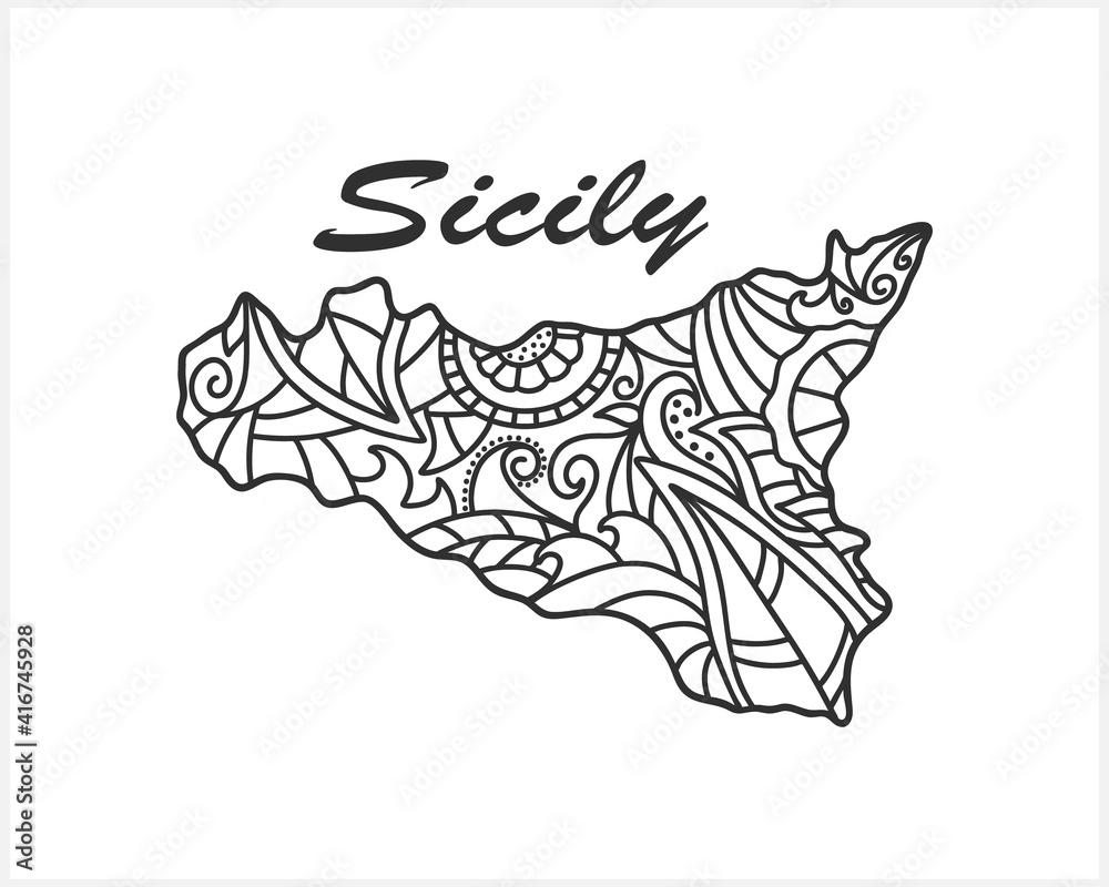 Doodle Sicily map. Eco design. Coloring page book. Hand drawing line ...