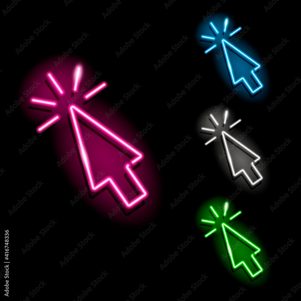 Set of neon mouse cursor click icons in four different colours isolated ...