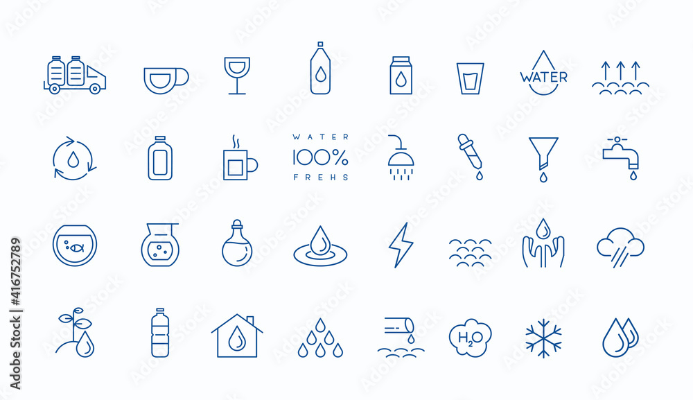 Water icon set. Included icons as water drop, water bottle, water tap ...