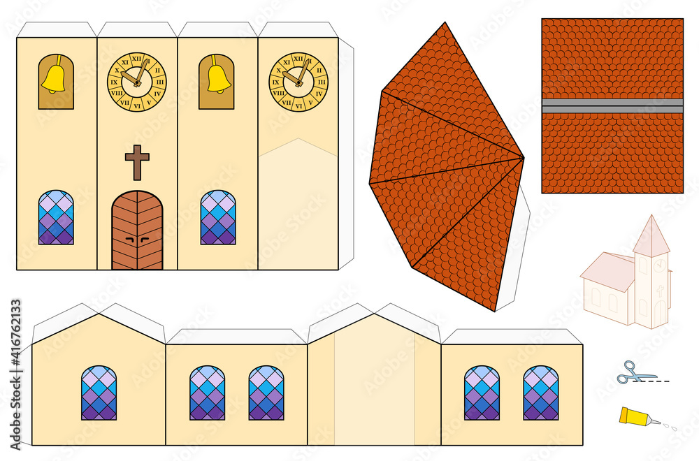 Church template, paper craft model. Cut-out sheet for making a simple ...