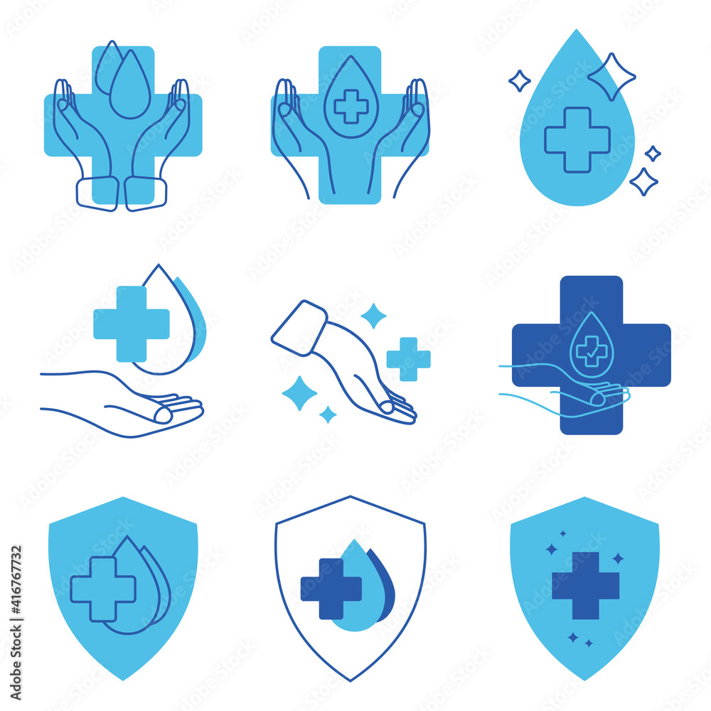 Hand with water drop and medical cross. Medically approved labels ...
