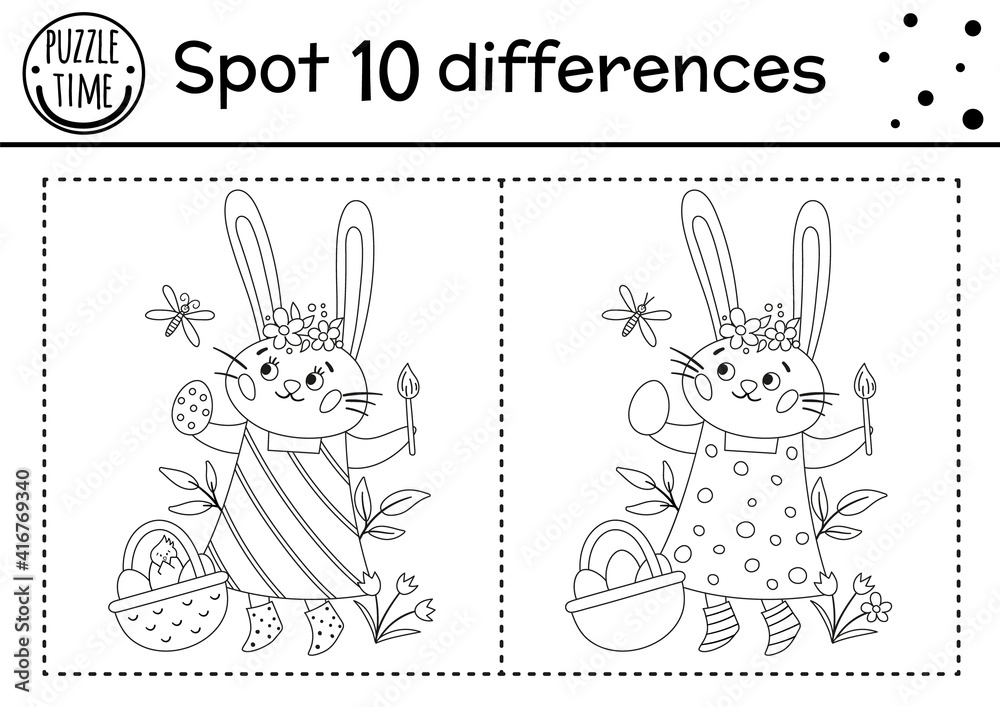 Easter find differences game for children. Holiday black and white ...