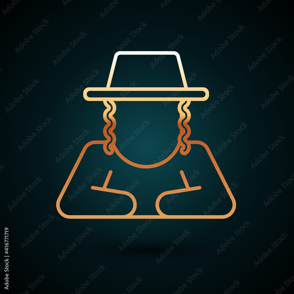 Gold line Orthodox jewish hat with sidelocks icon isolated on dark blue ...