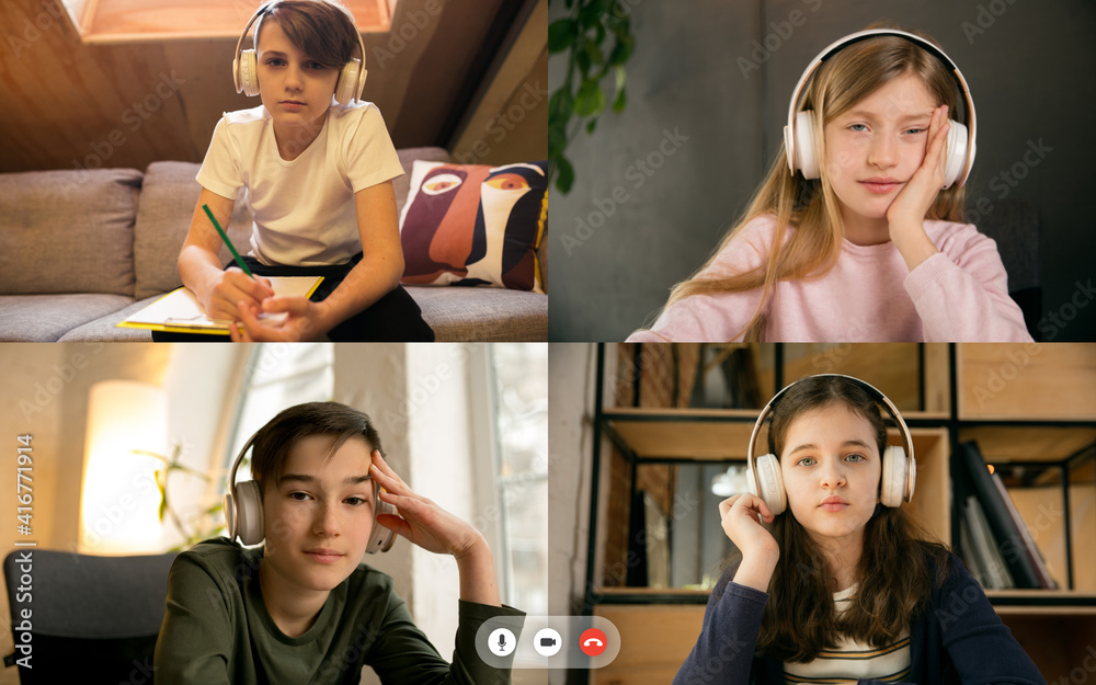 Tired. Group of kids, class studying by group video call, use video ...