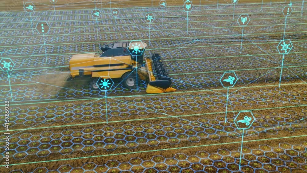 Aerial Shot: Harvester Working on Field. Digitalization of the Crops ...
