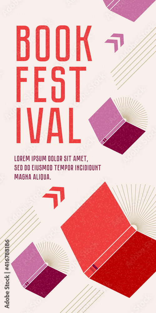 Book festival. Vertical banner or poster. Open books flying with arrows ...