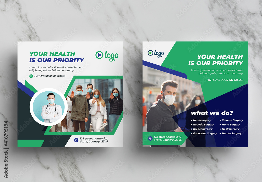 Medical Health Social Media Layout Pack Stock Template | Adobe Stock
