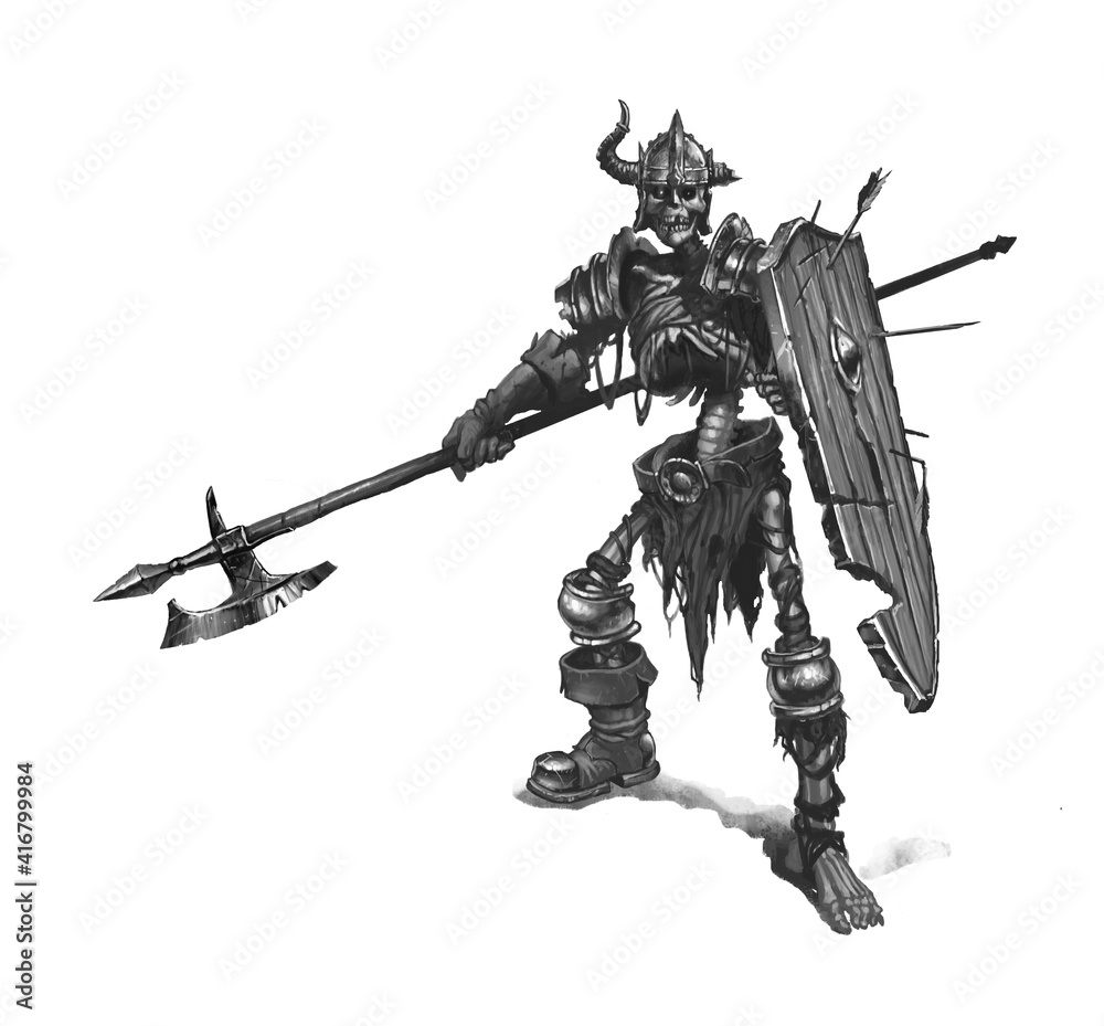 Skeleton halberd warrior and shield sketch illustration isolate black ...