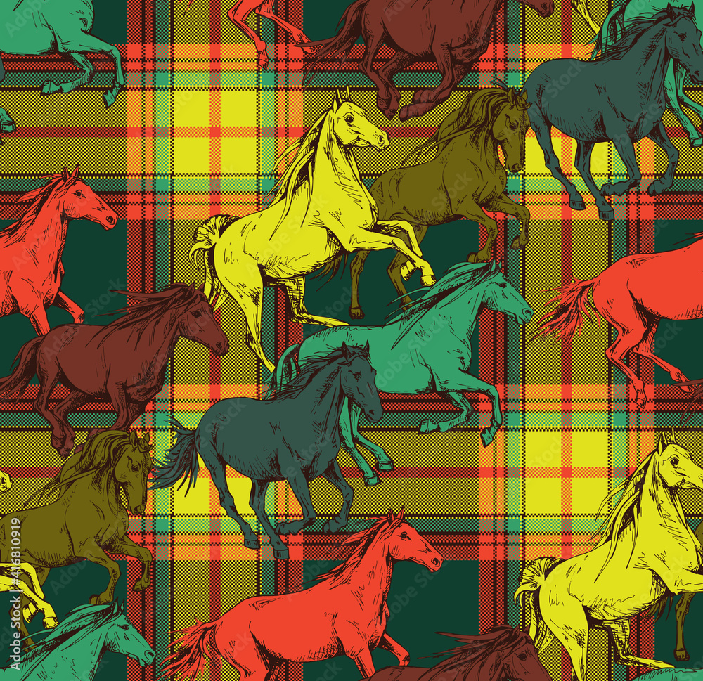 Seamless wallpaper pattern. The bright running beautiful horses on a ...