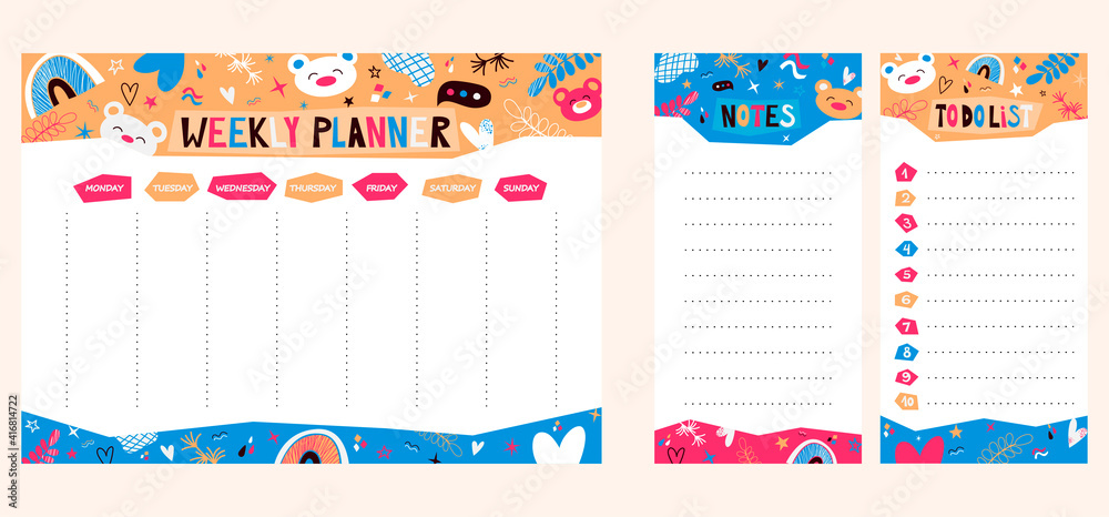 Vector Weekly planner with cute bears, rainbow, stars in cartoon style ...
