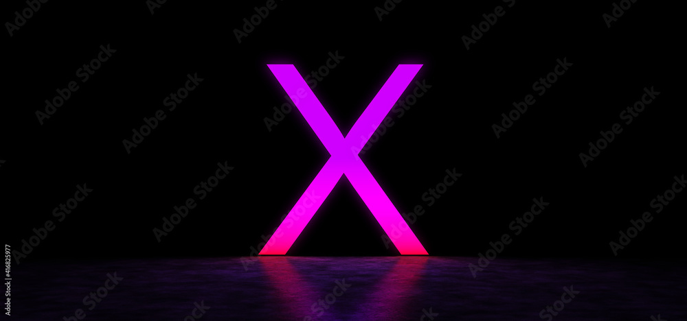 Glowing letter X in dark space. The letter X glows in purple. 3D ...