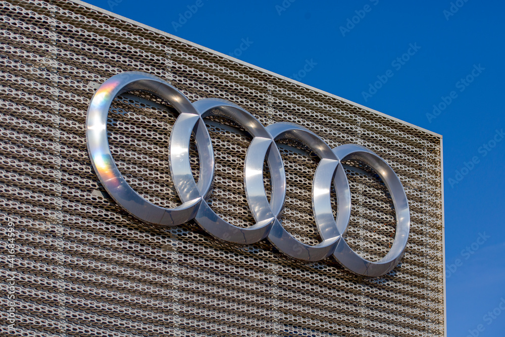 Oberursel, Germany, 21.02.2021. Sales building of the audi company with ...