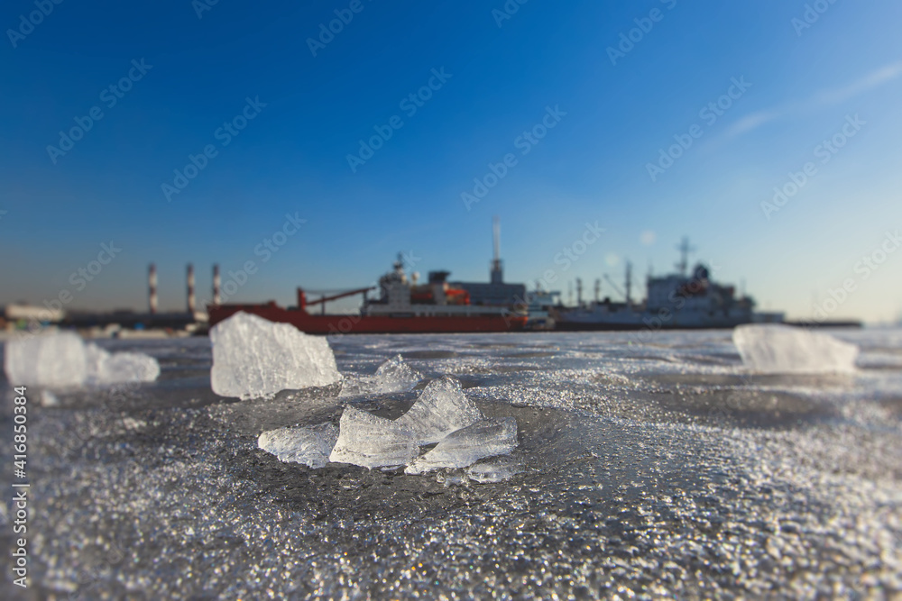 Massive different ship vessels trapped in ice tries to break and leave ...
