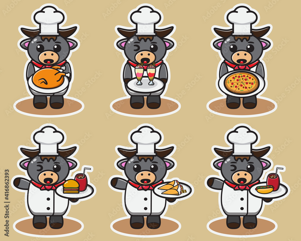Vector illustration of cute Buffalo Chef cartoon with food. Cute ...