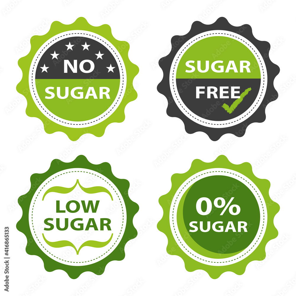 Four food product designs of no sugar, sugar free, low sugar, and 0% ...