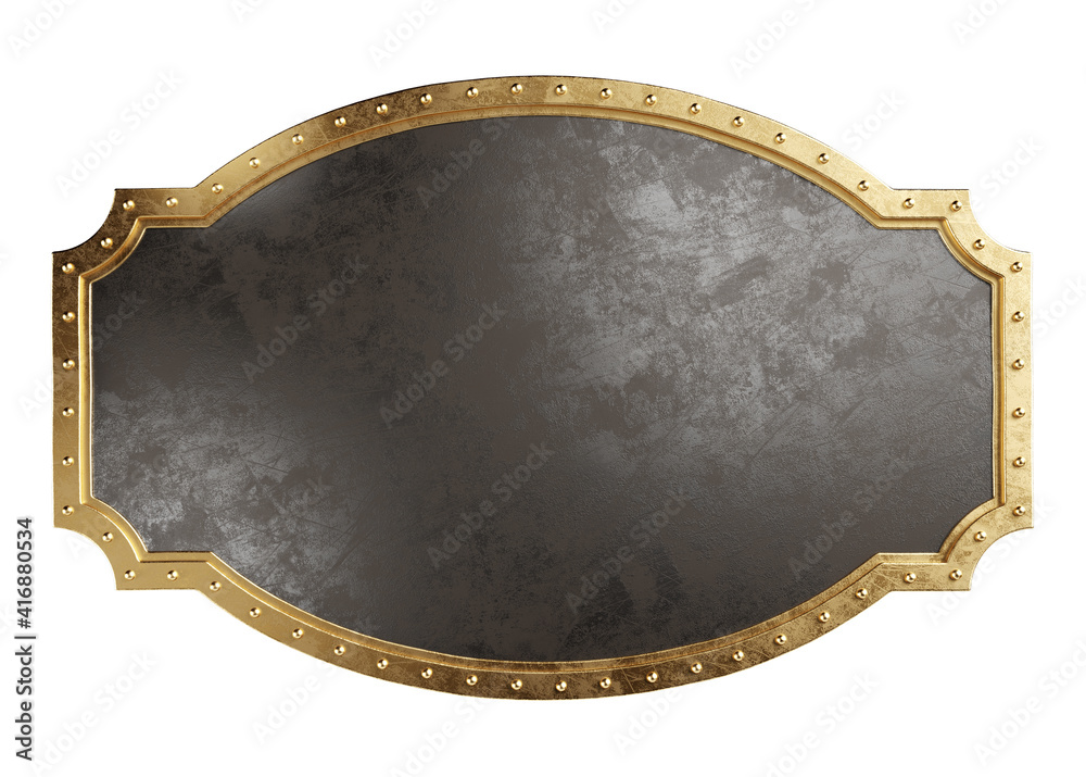Empty metal plate with brass border. Steampunk style. Clipping path ...
