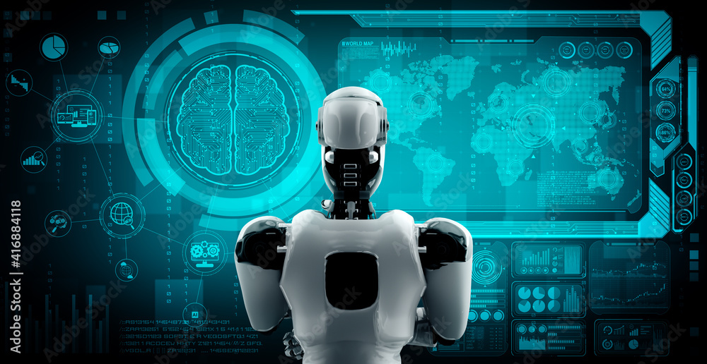 Thinking AI humanoid robot analyzing hologram screen showing concept of ...