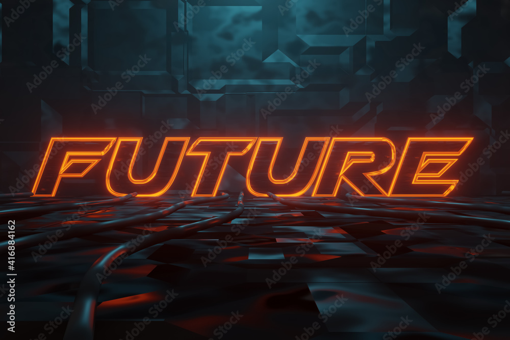 3D rendering of Cyberpunk word future illuminated in orange in metal ...