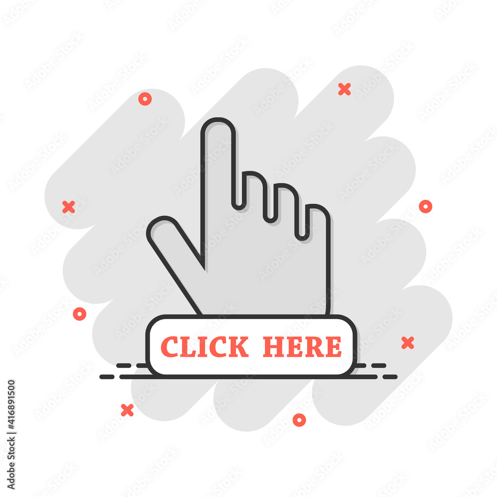 Vector cartoon click here icon in comic style. Hand cursor sign ...