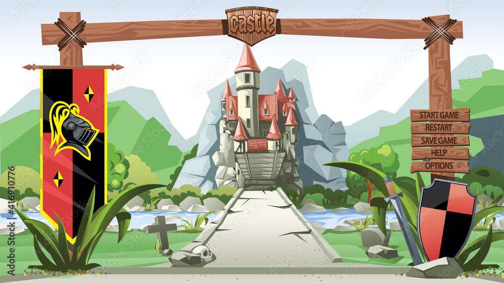 Cartoon style of a medieval castle, can be as a cover of the game ...