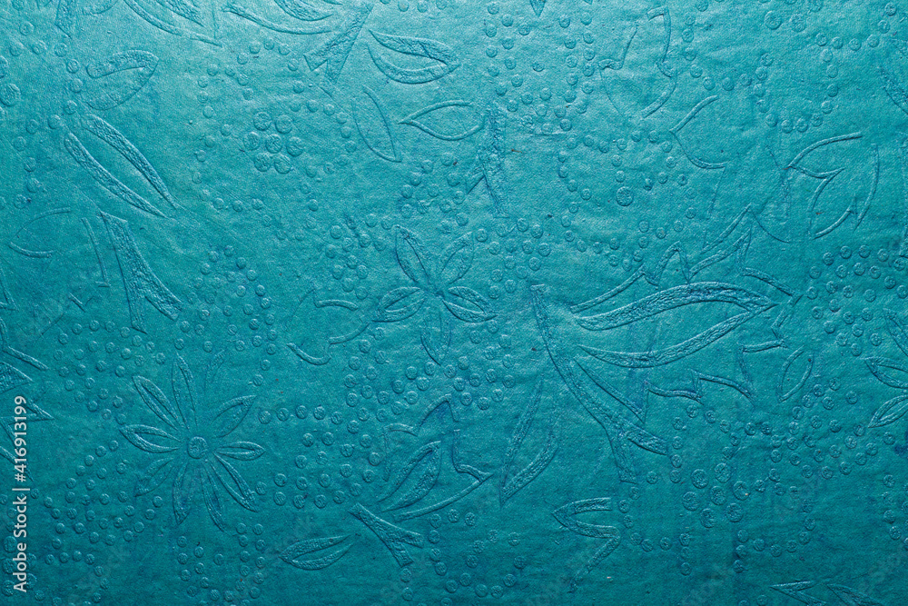Beautiful cyan or teal color handmade paper texture with veins and ...