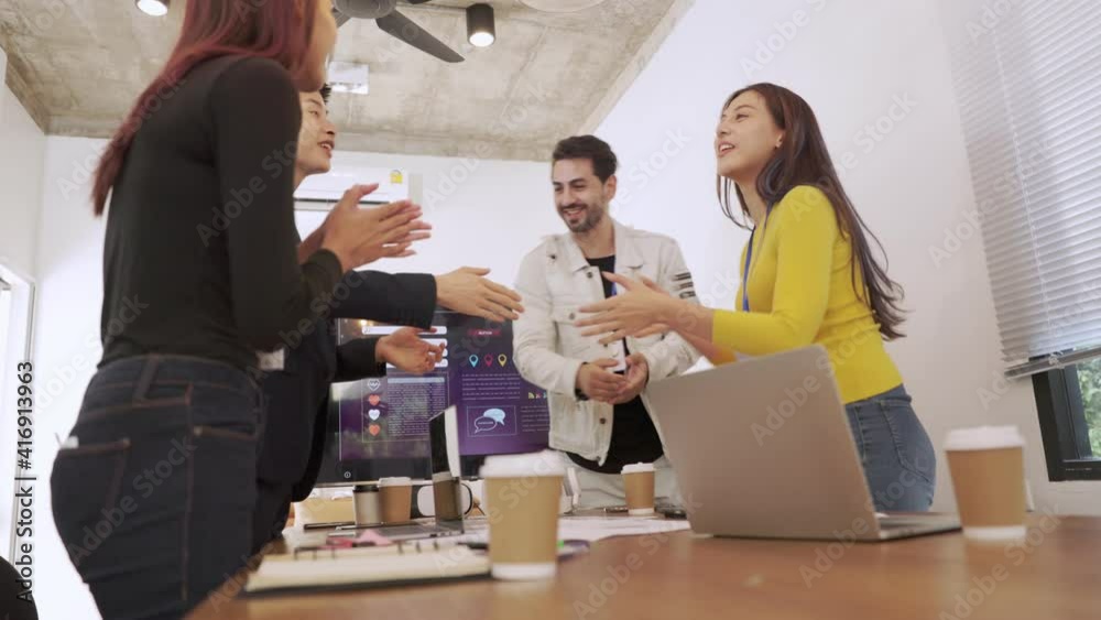 Young Asian woman leading business creative team in mobile application ...