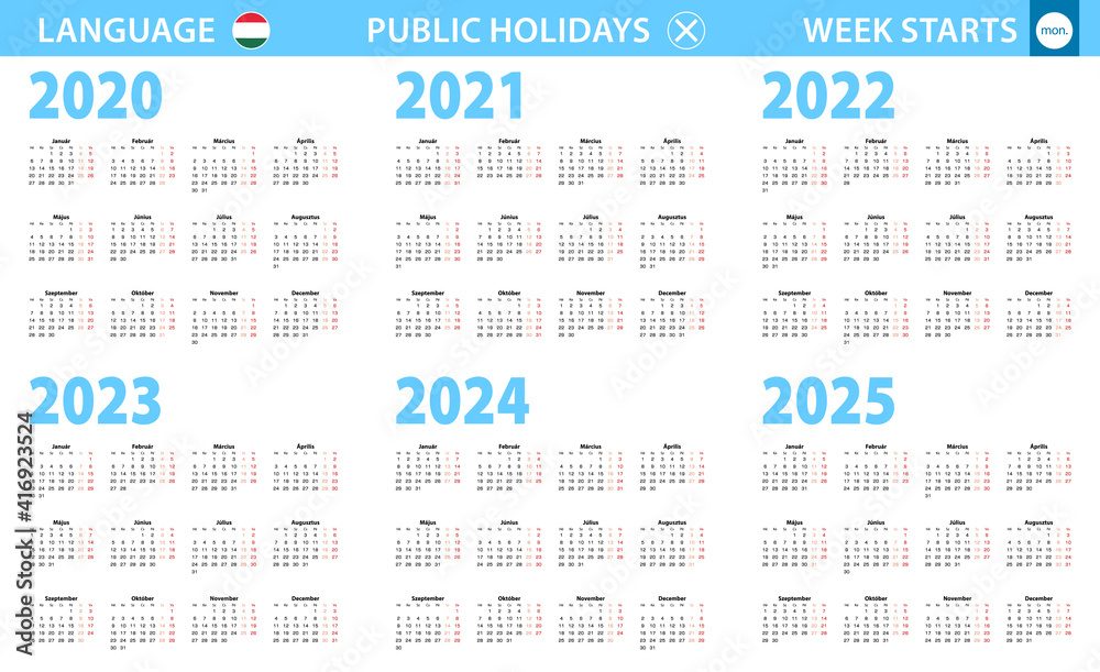 Calendar in Hungarian language for year 2020, 2021, 2022, 2023, 2024 ...