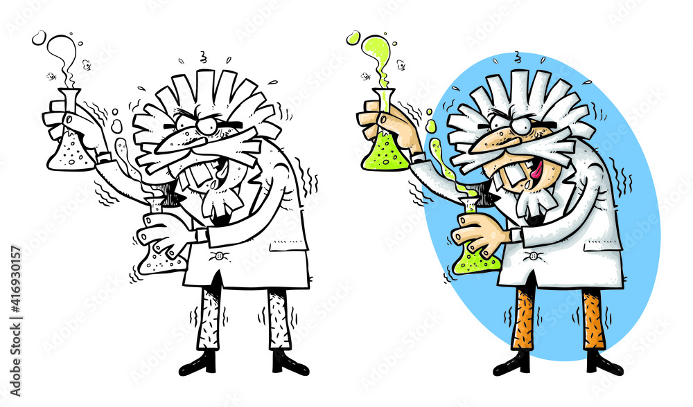Hand drawn cartoon illustration of a mad scientist. Lines, colors and ...