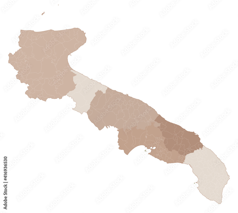 Puglia map, division by provinces and municipalities. Closed and ...