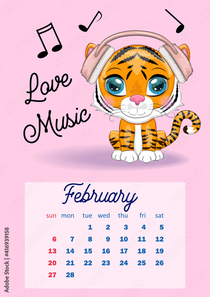Cute Tiger Wall Calendar Template for 2022, Year of the Tiger, Chinese ...